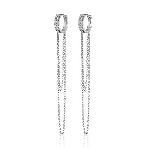 SLUYNZ 925 Sterling Silver CZ Hoop Earrings Tassel Chain for Women Teens Small Hoop Earrings Dangle Earrings (A-Silver)
