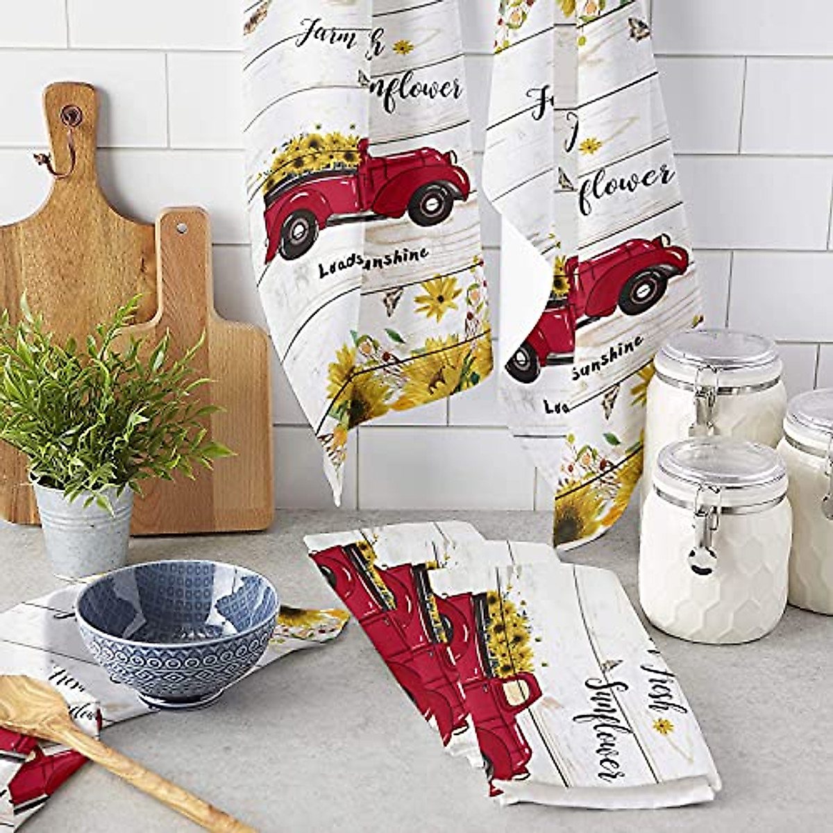 Kitchen Towels – 28”x 18”Large Kitchen Hand Towels Red Truck Loads of Sunflower on The Wooden Board Soft Microfiber and Absorbent Towels Set with Hanging Loop
