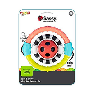 Sassy Spin and Chew Flex Ring Rattle with Dual Action Spinners, for Ages 0+ Months