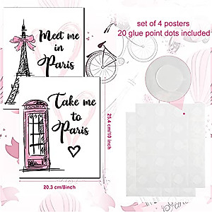 4 Pieces Paris Wall Art Prints, Pink Eiffel Tower Telephone Booth Romantic Paris Theme Room Unframed Art Poster Decor for Girls Living Room Bedroom Bathroom Kitchen Office Decor, 8 x 10 Inch