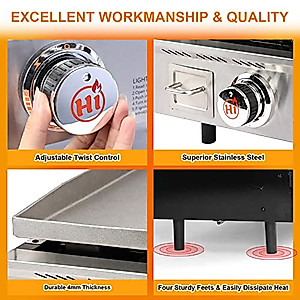 Hisencn Portable Flat Top Grill Propane Gas Grill for Outdoor, Camping, Tabletop, Kitchen, Tailgating, RV - 348 sq. in. Heavy Duty & 24000 BTUs Griddle for BBQ Grill, 22 Inch with Hood, with Carry Bag