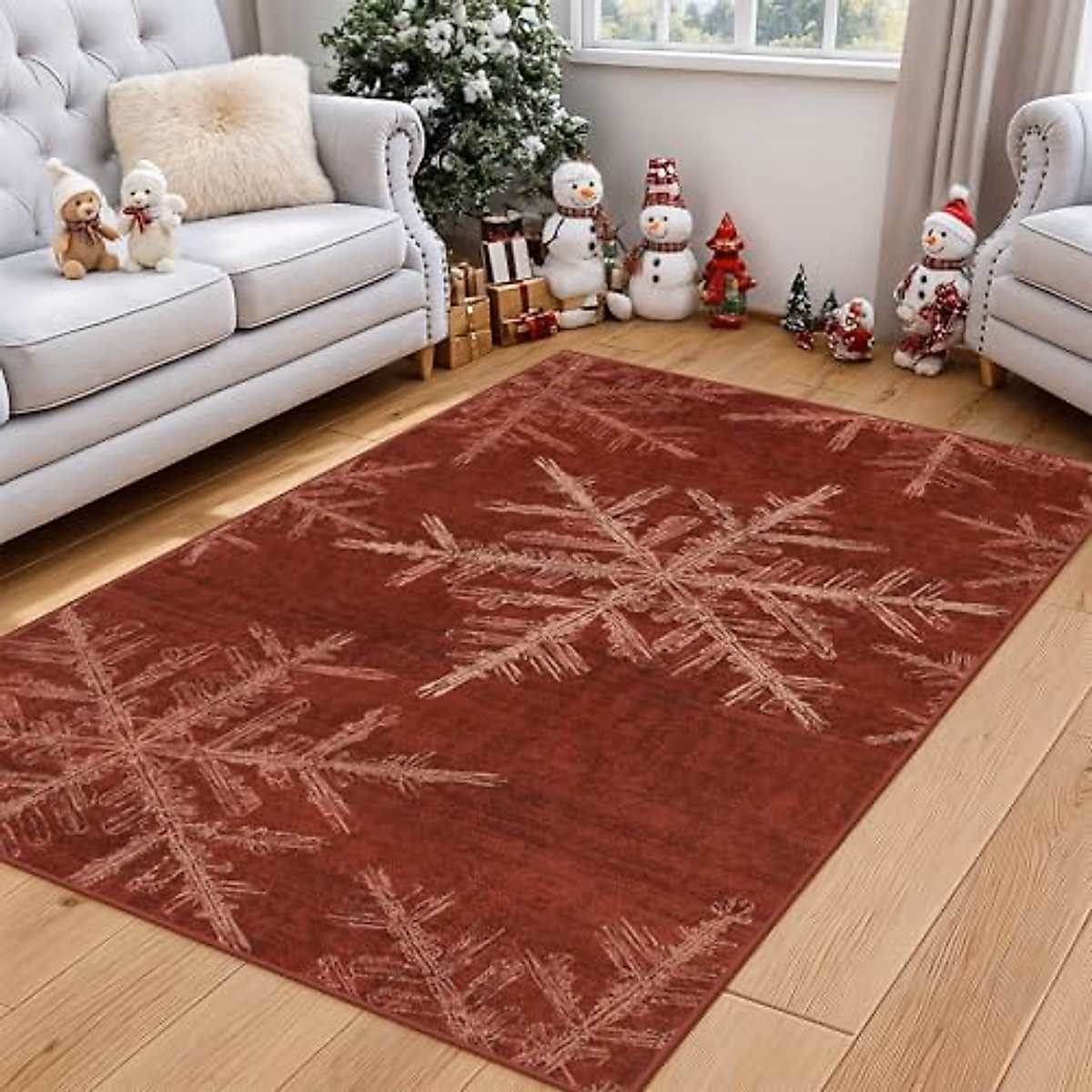 Lahome Snowflake Christmas Area Rugs, 4x6 Indoor Christmas Rug for Bedroom Non Slip Washable Living Room Rugs Holiday Decor Soft Red Rug Throw Carpet for Entryway Kitchen Dining Room(4'x 6',Red)
