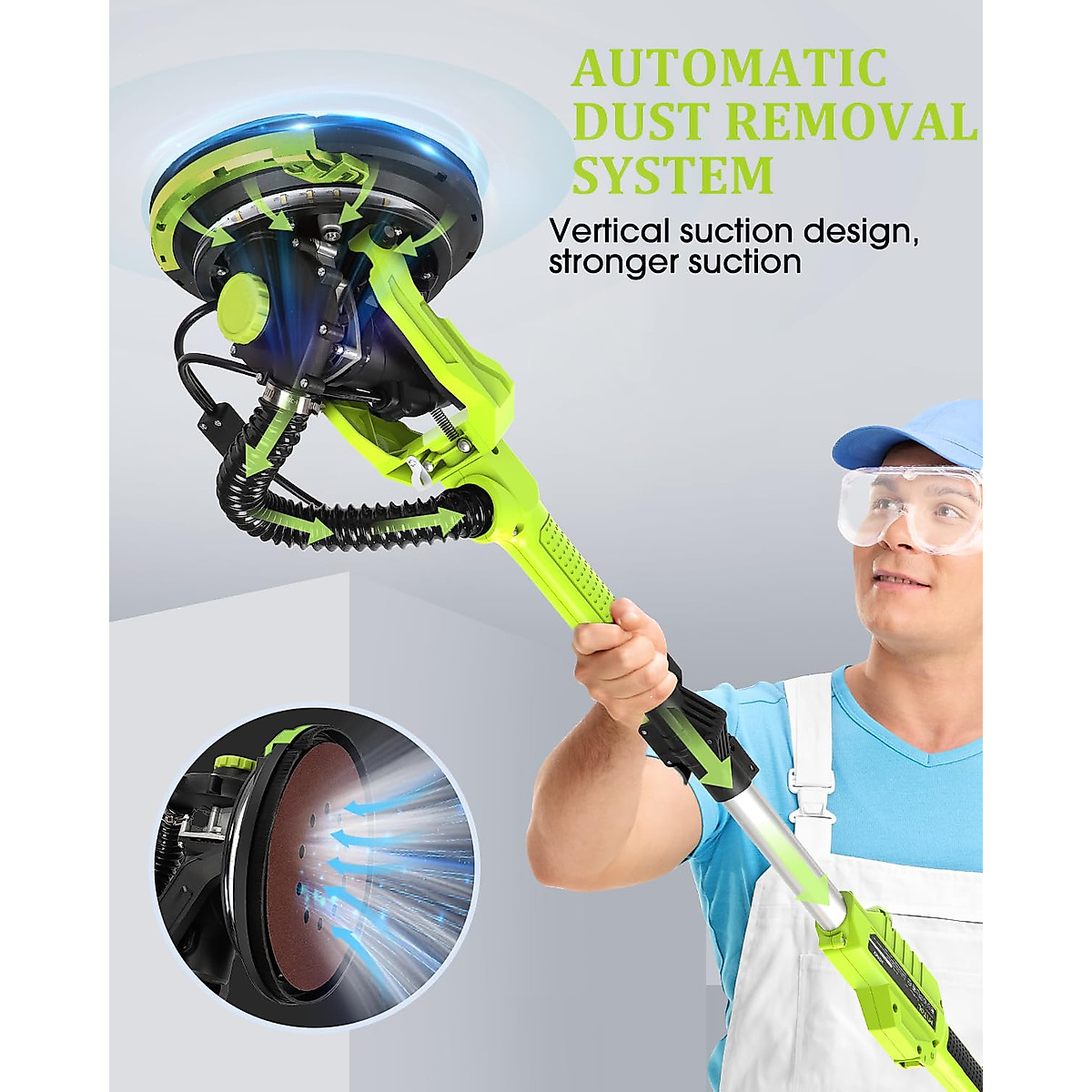 Drywall Sander, MYTOL 7.2A Electric Wall Sander with Vacuum Dust Collection, 6 Adjustable Speeds 900-1800RPM, LED Light, Extendable Handle, Foldable Electric Drywall Sanders 12Pcs Sanding discs-H21K3