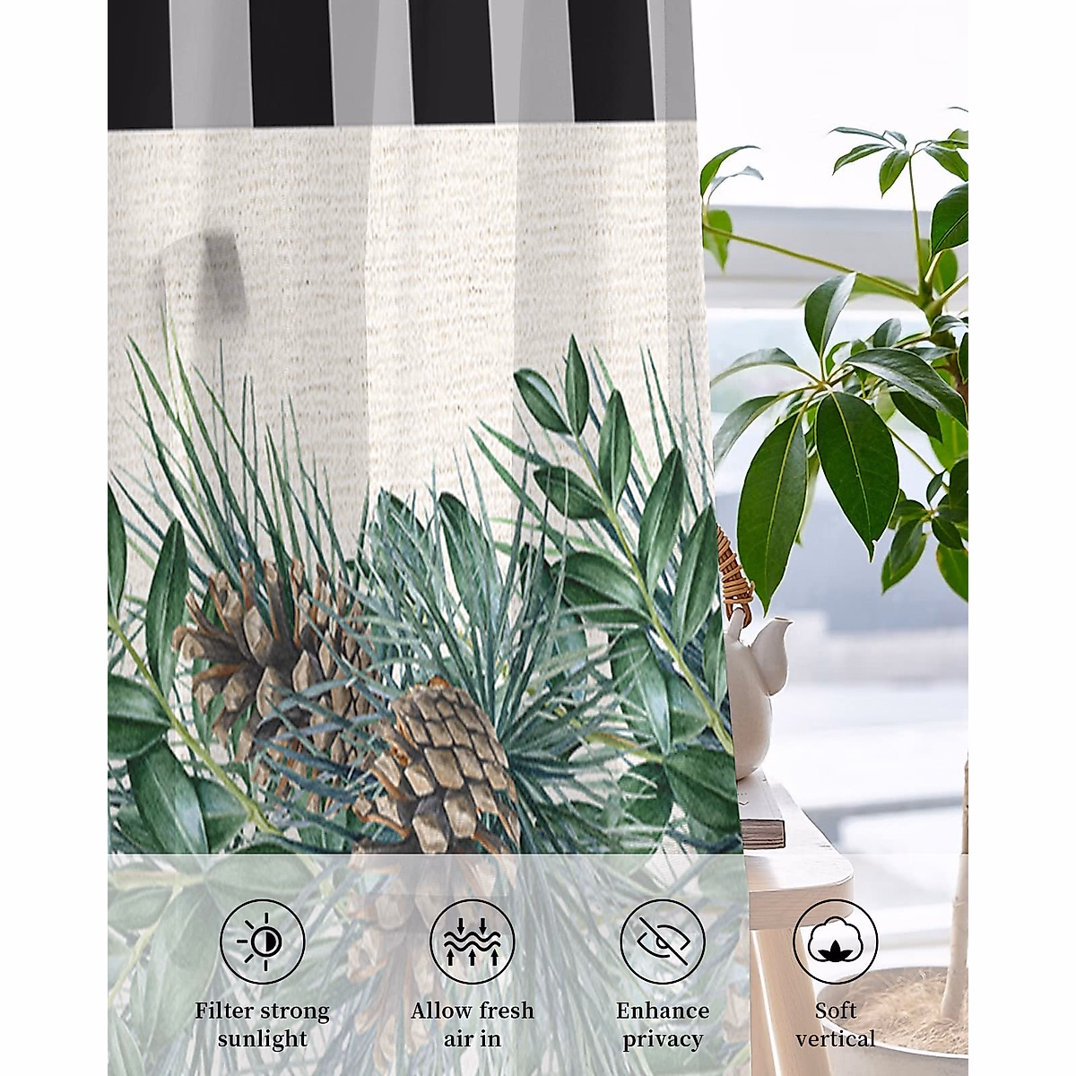 Christmas Sheer Curtains 39 Inches Long, Pine Branch Pine Cone on Buffalo Plaid Window Curtain Drapes Light Filtering Voile Curtains for Bedroom/Living Room/Kitchen (W27.5 x L39 Inch, 2 Panels)