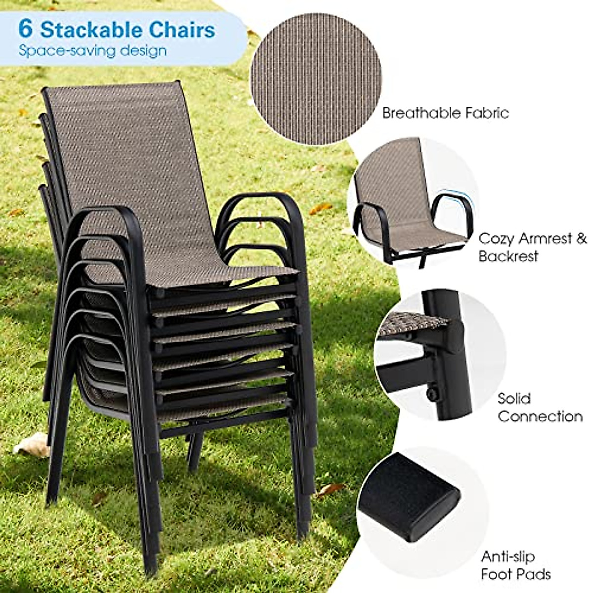 Tangkula 6 Piece Patio Stackable Chairs, Outdoor Dining Chairs with Heavy-Duty Steel Frame, Curved Armrests & Breathable Fabric, Stacking Armchairs for Backyard, Garden, Poolside