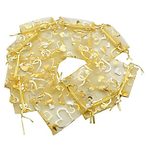 YYaaloa 100PCS Mini Sheer Heart Mixed Organza Bags 7X9 cm/2.7X3.5 inches, Drawstring Chic Gift Beauty Bags, Wedding Favor Bags Candy Jewelry Gift Bags (Gold, 2.7x3.5 inch)