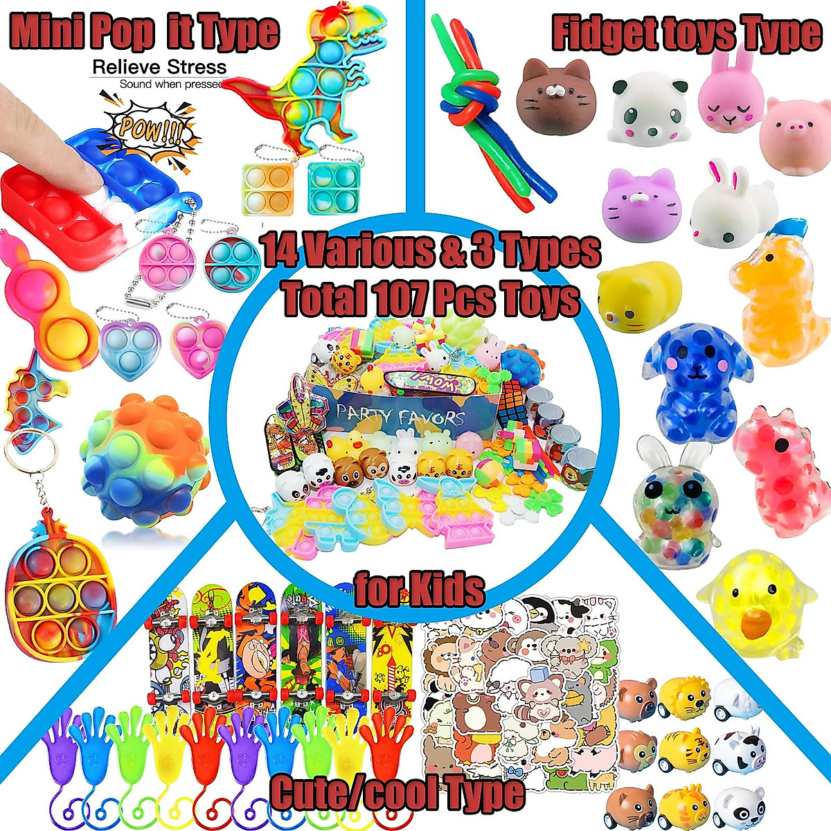Leeche Premium Pop Party Favors Toys for kids,107PCS Prize Box Toys for All Ages kids,Birthday Party, School Classroom Rewards, Carnival Prizes, Pinata Fillers, Treasure Chest, Goody Bag Fillers