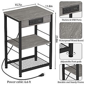 Nightstand with Charging Station, 3 Tier Side End Table with USB Ports and Outlets, Side Table Living Room with Storage shelf Modern Bedside Tables with USB for Bedroom Study, Dark Gray and Black