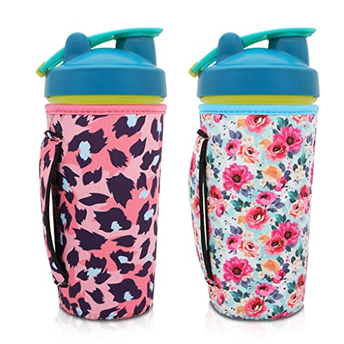 2Pack Reusable Neoprene Insulator Water bottle holder Sleeves with Handle Compatible with 28 oz Blender Bottle, YETI Rambler 20 oz, Stanley 20oz Tumbler and more(Blue Floral + Pink Cheetah)