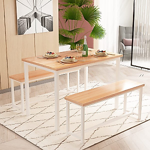 Recaceik 47” Dining Table Set with Benches, 3 Pieces Dining Room Table Set for 4, Wood Kitchen Table and Chair Set, Space Saving Dinette Set for Breakfast Nook, Dining Room, Beige