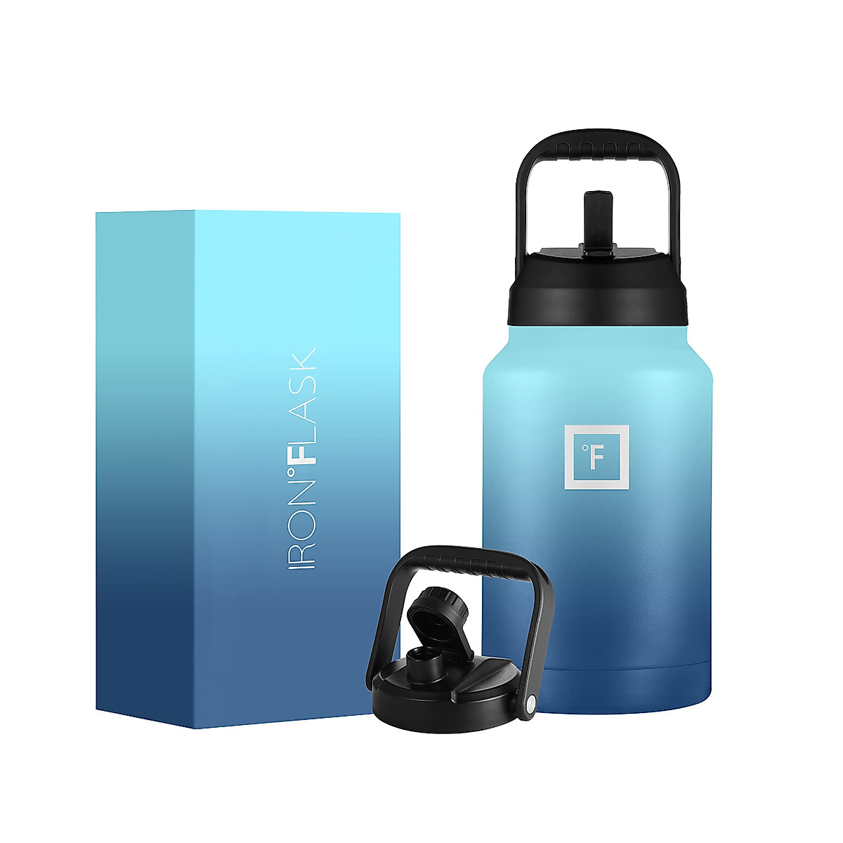 IRON °FLASK Sports Water Bottle - Gallon Series - 2 Lids (Straw and Spout), Leak Proof, Vacuum Insulated Stainless Steel, Double Walled, Thermo Mug, Metal Canteen Jug Growler - Blue Waves, 128 Oz