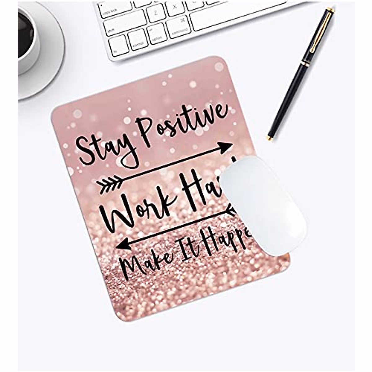 Amcove Gaming Mouse Pad Custom, Stay Positive Work Hard and Make It Happen Inspirational Quotes Mouse pad Art Rose Gold and Silver Glitter Black Quote