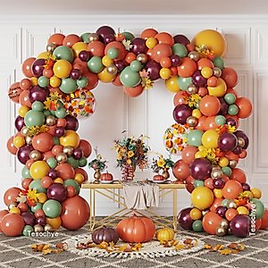 182 Pcs Fall Balloon Garland Arch Kit, Burnt Orange Wine Red Sage Green Mustard Yellow Metallic Gold Balloons Garland Kit for Thanksgiving Autumn Fall Birthday Baby Shower Party Decorations
