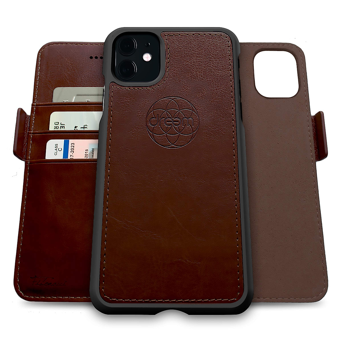 Dreem Fibonacci 2-in-1 Wallet Case for Apple iPhone 11 - Luxury Vegan Leather, Magnetic Detachable Shockproof Phone Case, RFID Card Protection, 2-Way Flip Stand - Coffee