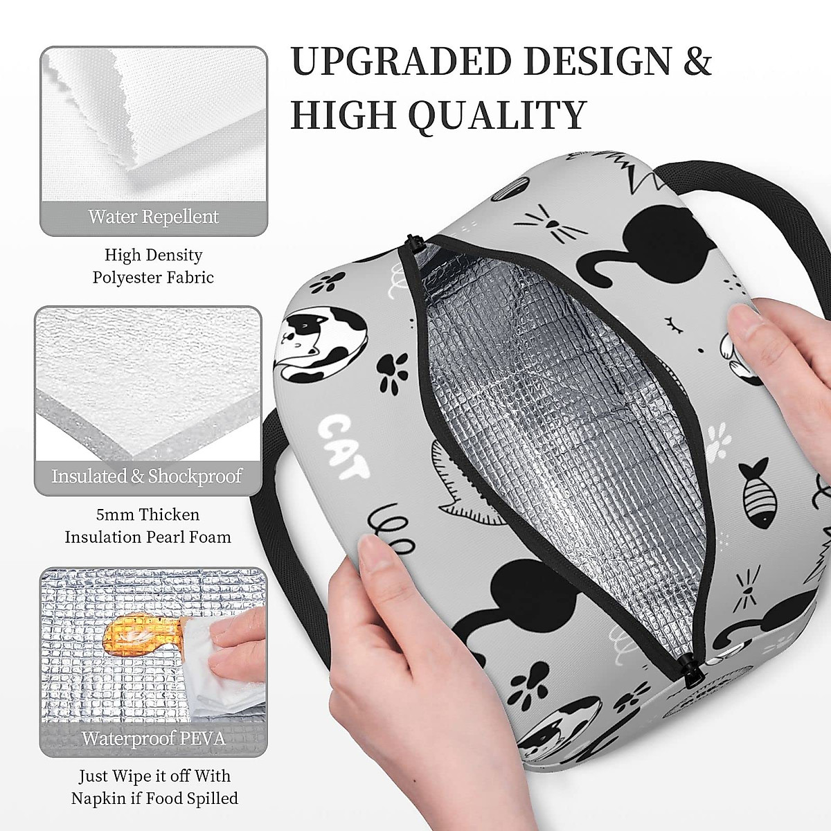 Oplp Cute Cats Fish Cat Paws Lunch Bag Box Meal Prep Insulated Handbag Reusable Lunch Container