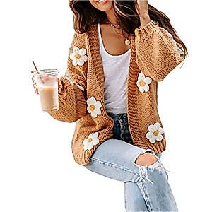 Women Crop Cardigan Sweater Long Lantern Sleeve 3D Flower Open Front Y2K Knit Cardigan Kawaii Crochet Sweater Tops (Camel+Flower, M)