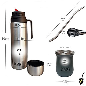Gaucho Bruno - Stainless Steel Thermal Mate for Drinking Yerba Mate, Bombilla Straw and 1 litre Flask with Pouring Spout | Easy to Clean | Comfortable to Hold | Maintains drink temperature