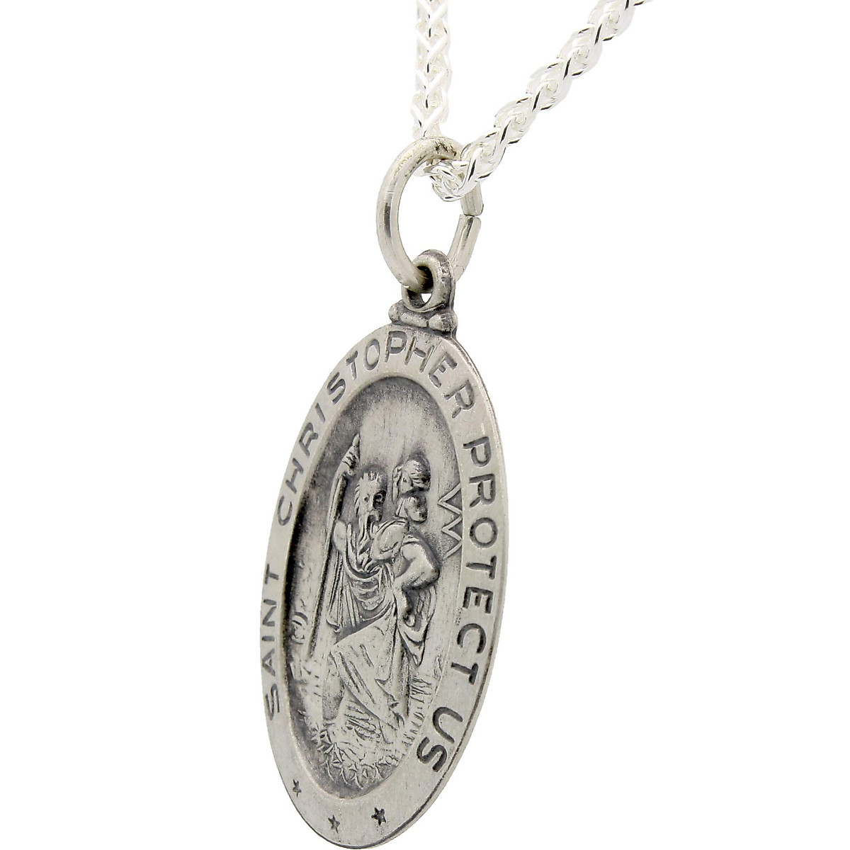 All Patron Saints Oval St Christopher Medal Necklace in Solid Sterling Silver Protect Us Medal 24 x 16 MM With 24 Inch Chain (Adult Male)