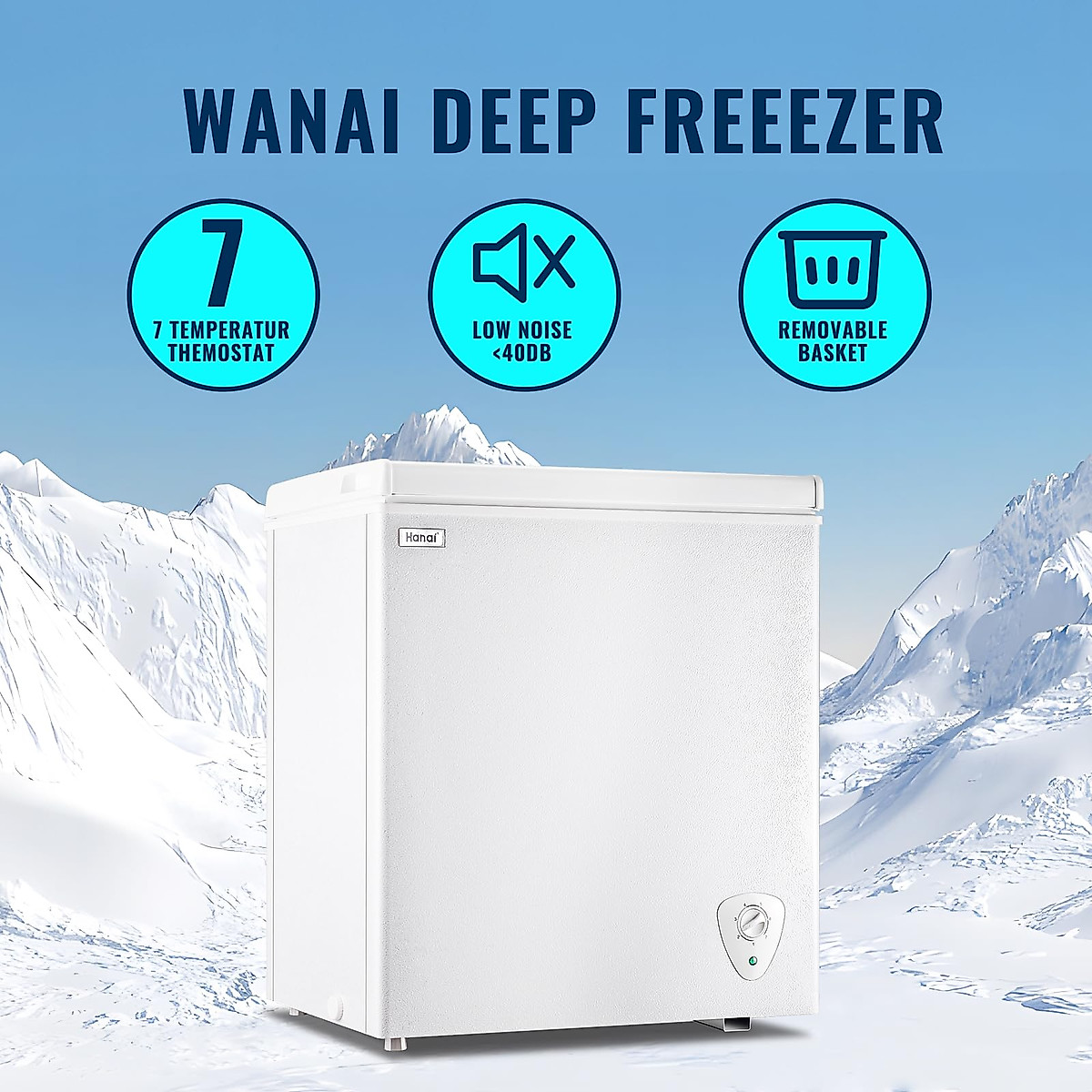 WANAI Deep Freezer 5.0 Cu Ft Chest Freezer With Adjustable Thermostat And Removable Storage Basket Small Freezer For Home Kitchen Office Bar