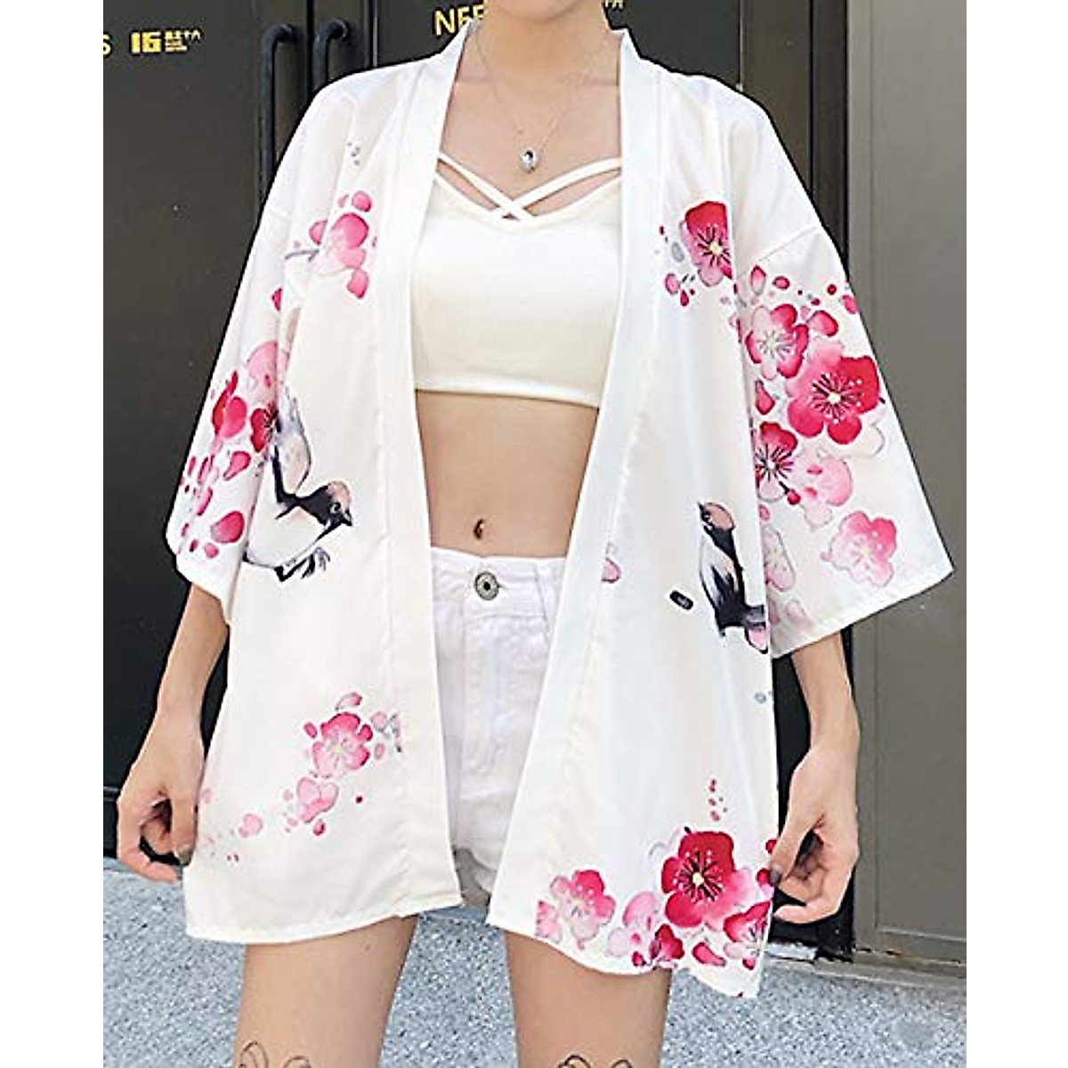 LAI MENG FIVE CATS Women's Floral Print Puff Sleeve Loose Blouse Japanese Kimono Cover up Casual Cute Tops