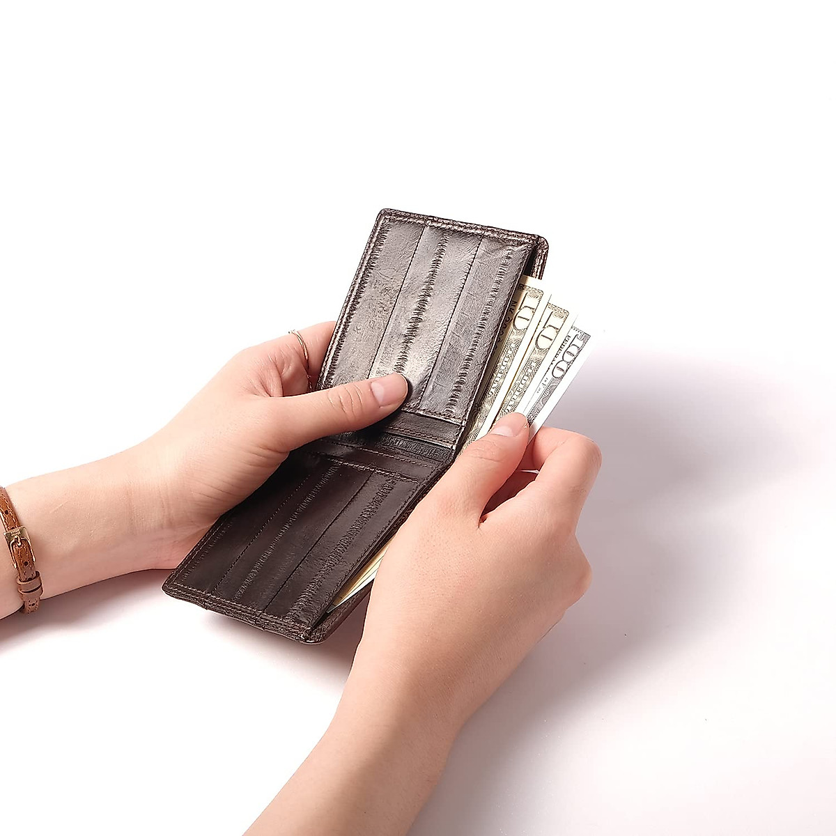 OROM EEL SKIN LEATHER SLIM WALLET (brown, 3.8" x 3.15")