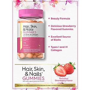 Carlyle Hair Skin and Nails Vitamins | 75 Gummies | with Biotin and Collagen | Gummy Supplement for Women | Strawberry Flavor | Non-GMO, Gluten Free