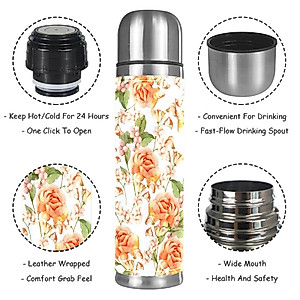 Stainless Steel Leather Vacuum Insulated Mug Flower Thermos Water Bottle for Hot and Cold Drinks Kids Adults 16 Oz