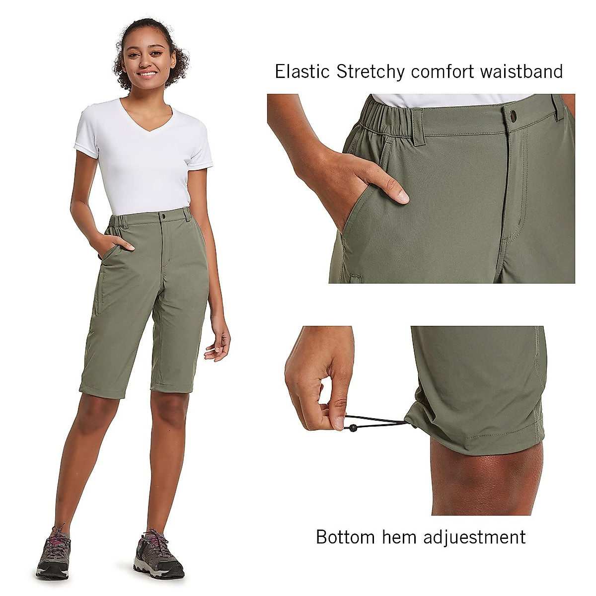 baleaf Women's Hiking Shorts Bermuda Long Knee Length Quick Dry Stretch Elastic Waist for Camping, Travel Sage Green Size XL