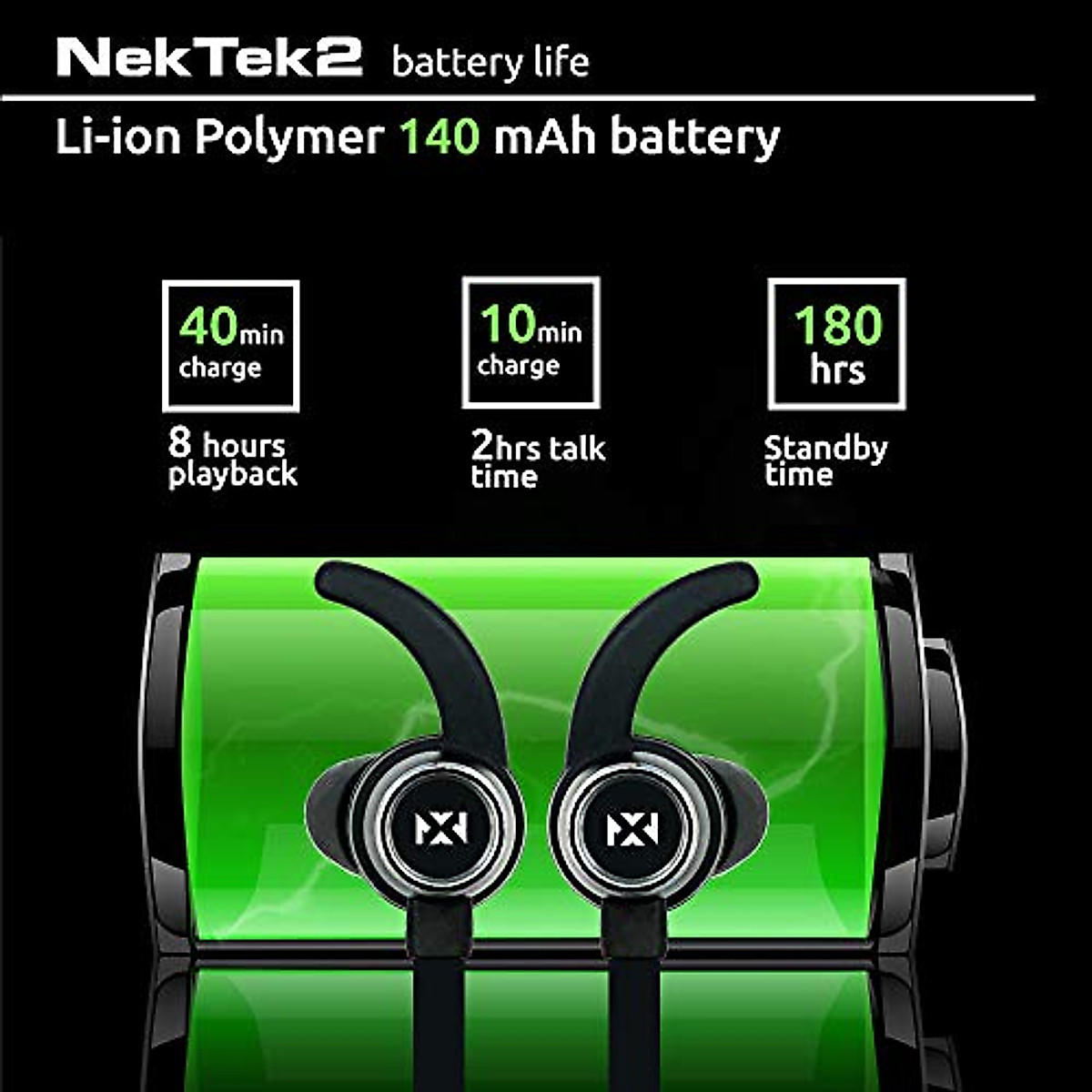 NVX NekTek2 Behind-The-Neck Bluetooth Wireless Headphones - 10 Hour Playback Time - ComfortMax Memory Foam Tips - Fast 40 Minute Charge Time - Built-in Microphone