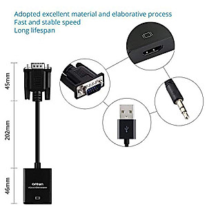 ONTEN VGA to HDMI, 1080P VGA to HDMI Adapter (Male to Female) for Computer, Desktop, Laptop, PC, Monitor, Projector, HDTV with Audio Cable and USB Cable (Black)