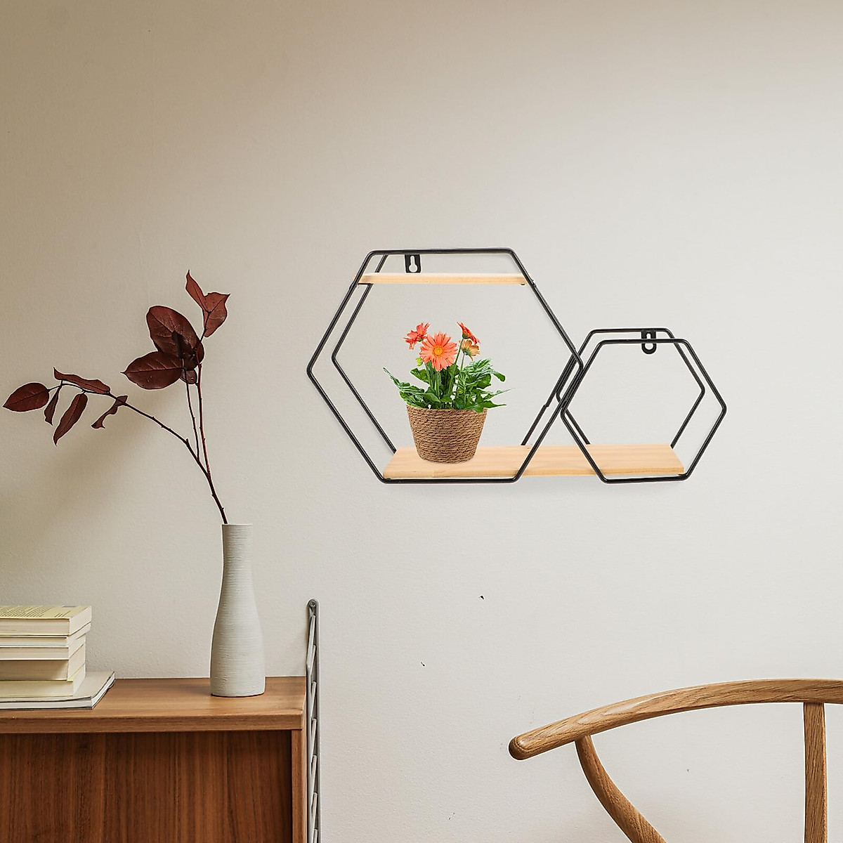 Uonlytech Hexagonal Storage Rack Metal Wall Shelf Wood Wall Shelves Hexagon Shelves for Wall Floating Shelves for Plants Metal Shelf Metal Floating Shelf Wall Shelves Wood Wall Shelving