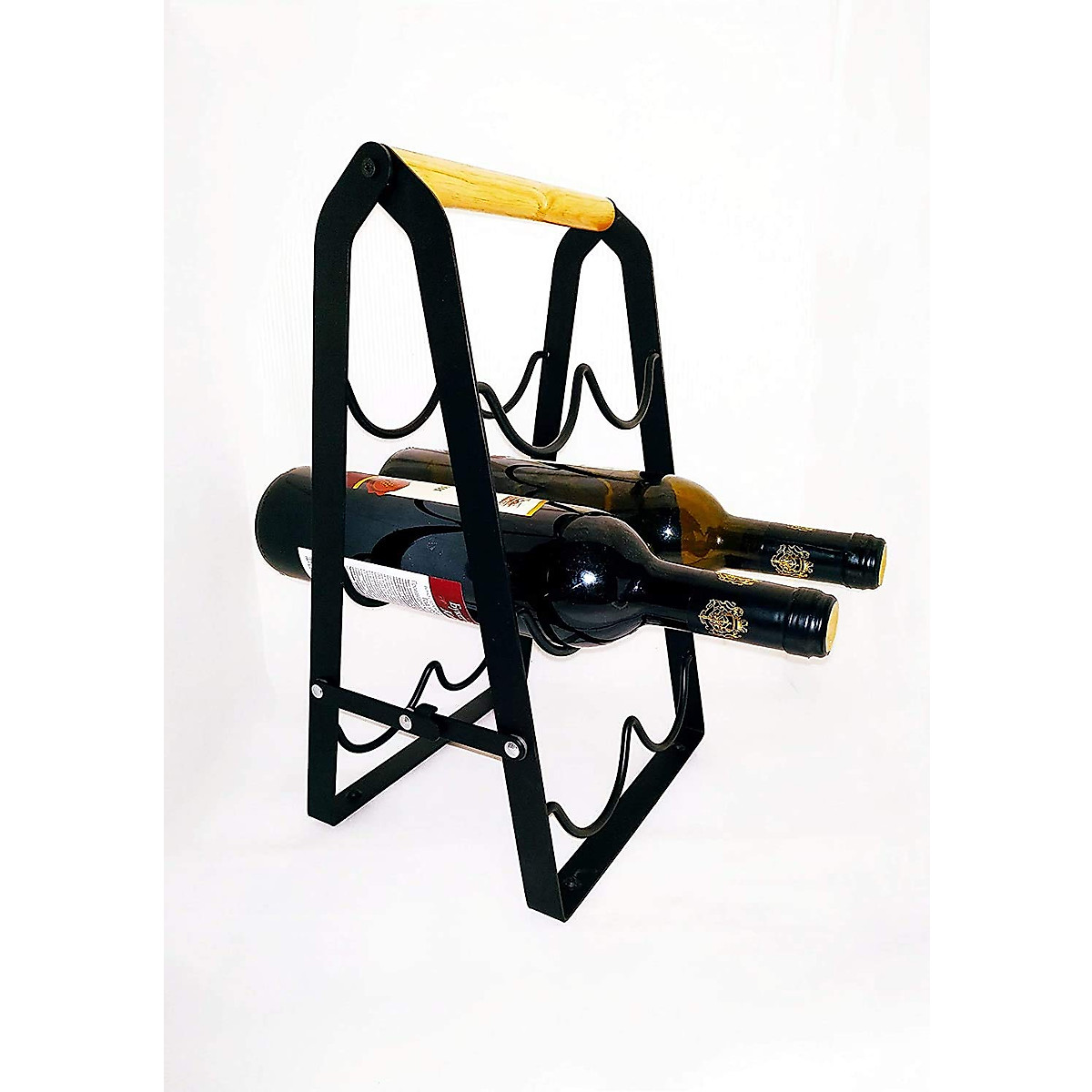 ARTES Countertop Wine Rack - Stackable Wine Holder for 6 Bottles - Metal Wine Racks for Pantry, Cabinet, Home Bar, Wine Cellar in a Three-Tiered Classic Design with Wooden Handle, Black