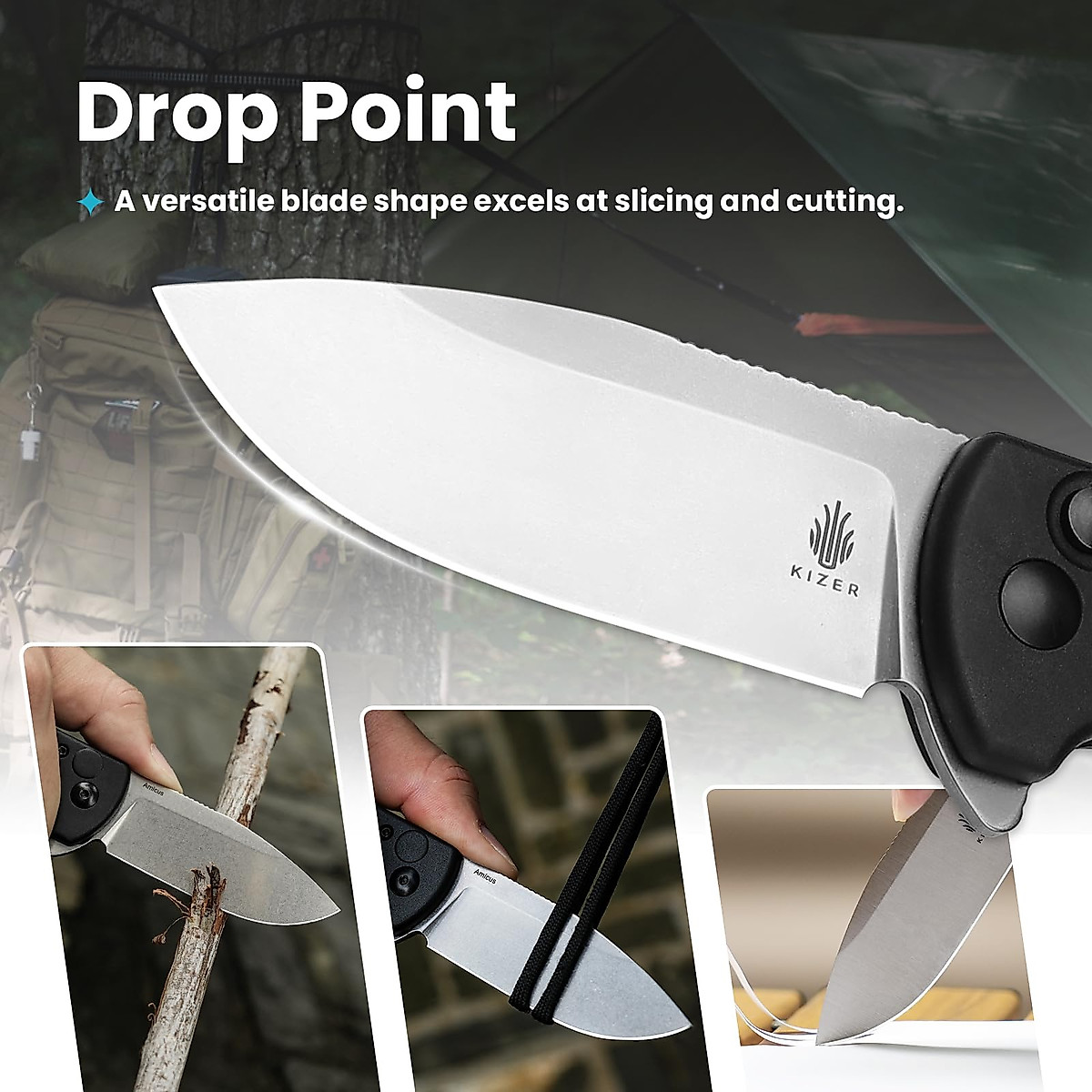 Kizer Amicus Pocket Knife, 2.95” Satin Nitro V Steel Blade EDC Knife, FRN Handle Camping Folding Knife with Reversible Deep Carry Clip, Cool Knife for Men Women Gift L3002M4