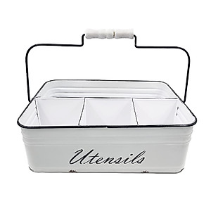AWAHITAWA Utensil Caddy White Rustic Galvanized Metal Caddy, Farmhouse Kitchen Organizer with Comfortable Wooden Handle Storage For Flatware,Condiments,Party Cutlery, Picnic-White