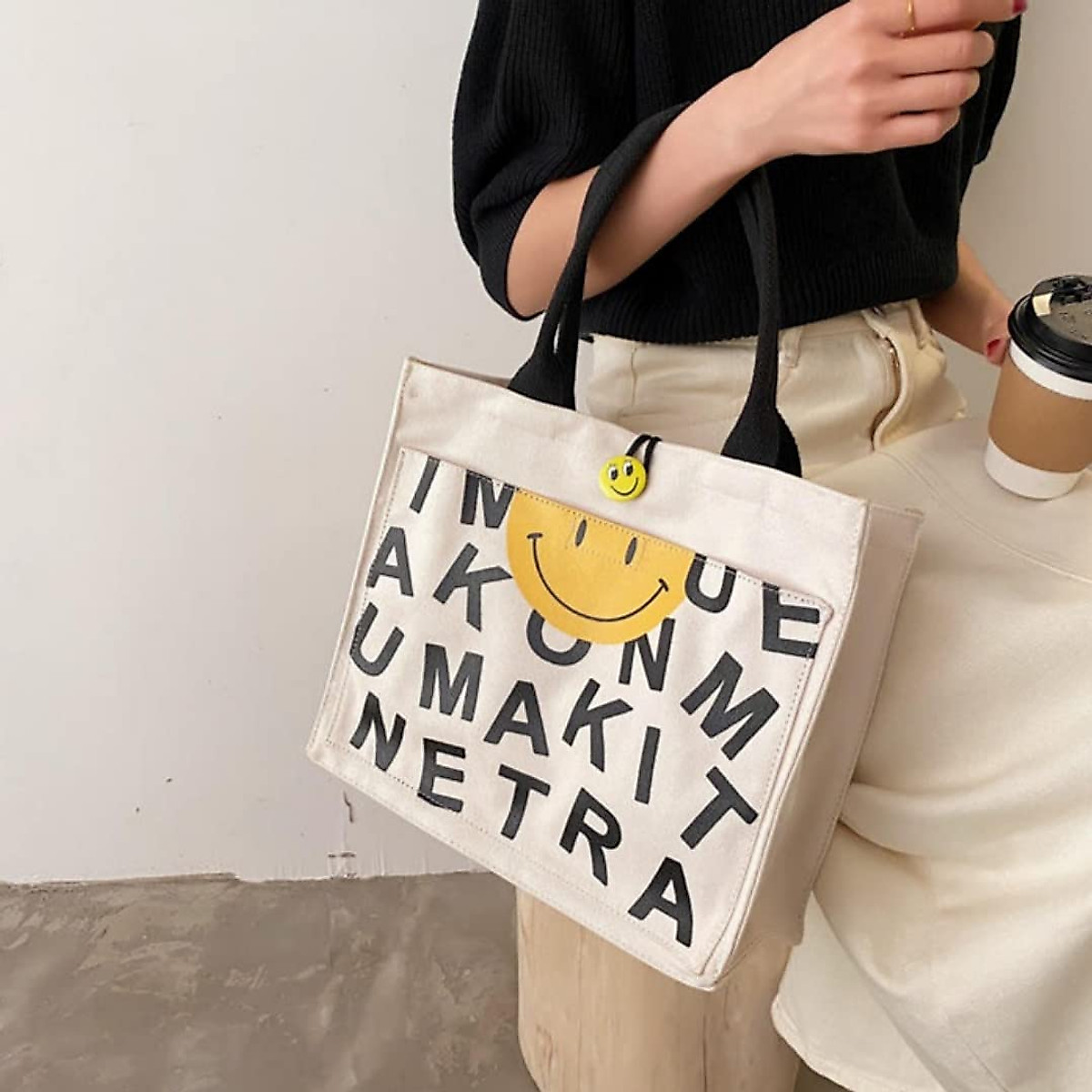 ROUGH & RAW, Tote Bag with Letter Smile Colorful Straps Shoulder Bag Canvas Single Shoulder Smile Face Bag Women`s Handbag Shopping Bags