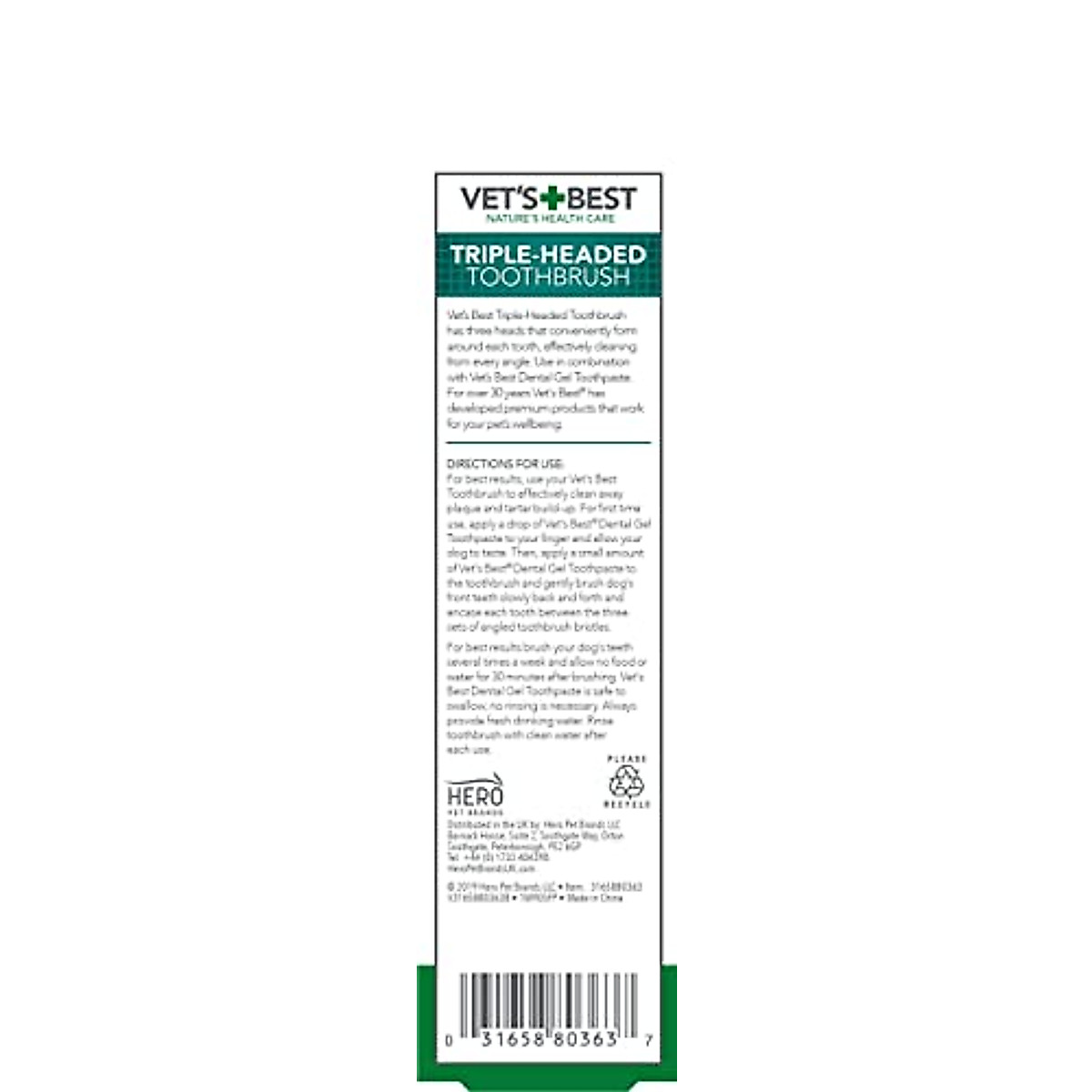 Vets Best Triple Headed Toothbrush for Dogs - Teeth Cleaning and Fresh Breath