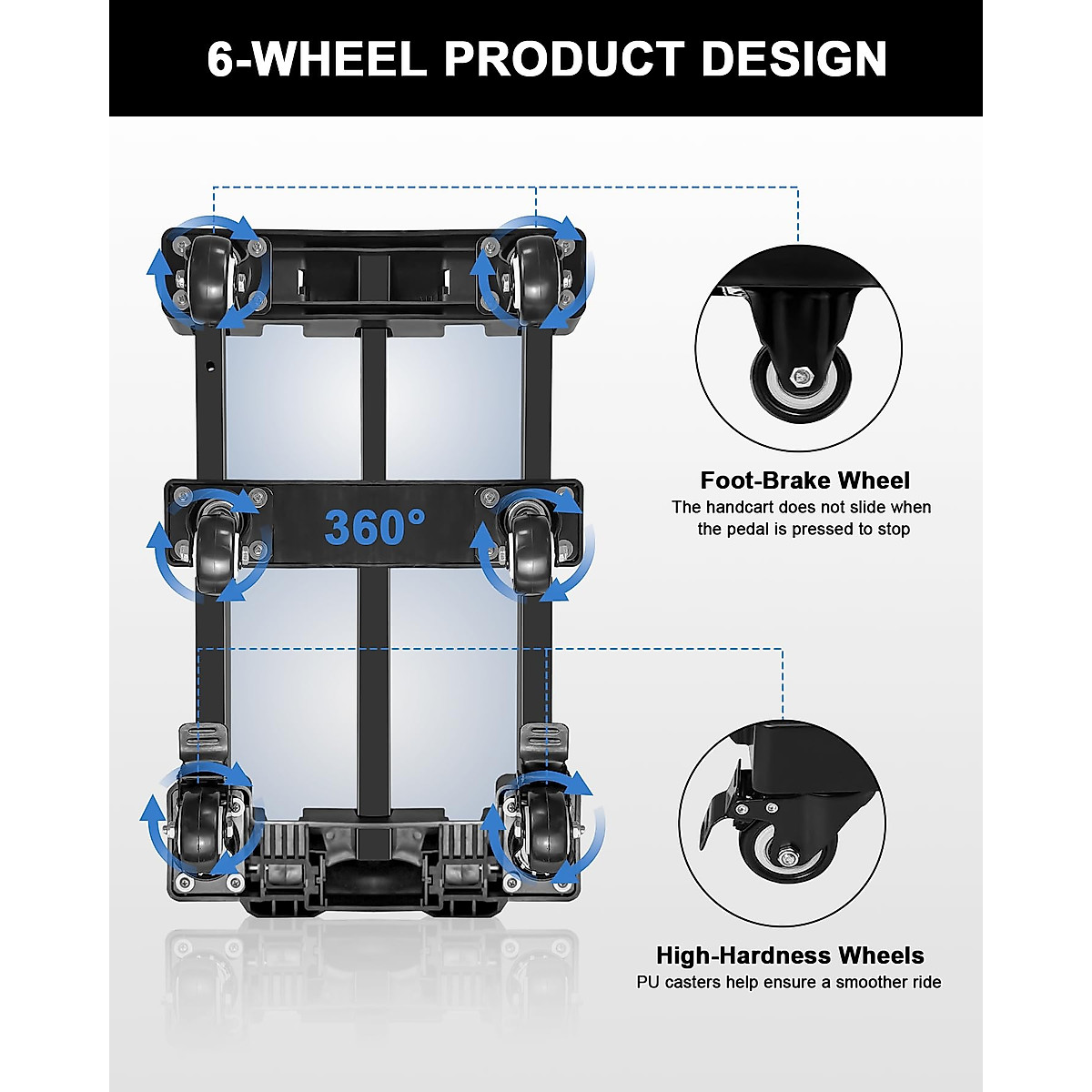 SERVOMASTER Folding Hand Truck, Hand Truck Dolly 500 LB Heavy Duty, Foldable Luggage Cart with 6 Wheels and 2 Elastic Cords with Adjustable Handle for Luggage, Travel, Shopping, Office Moving, Black