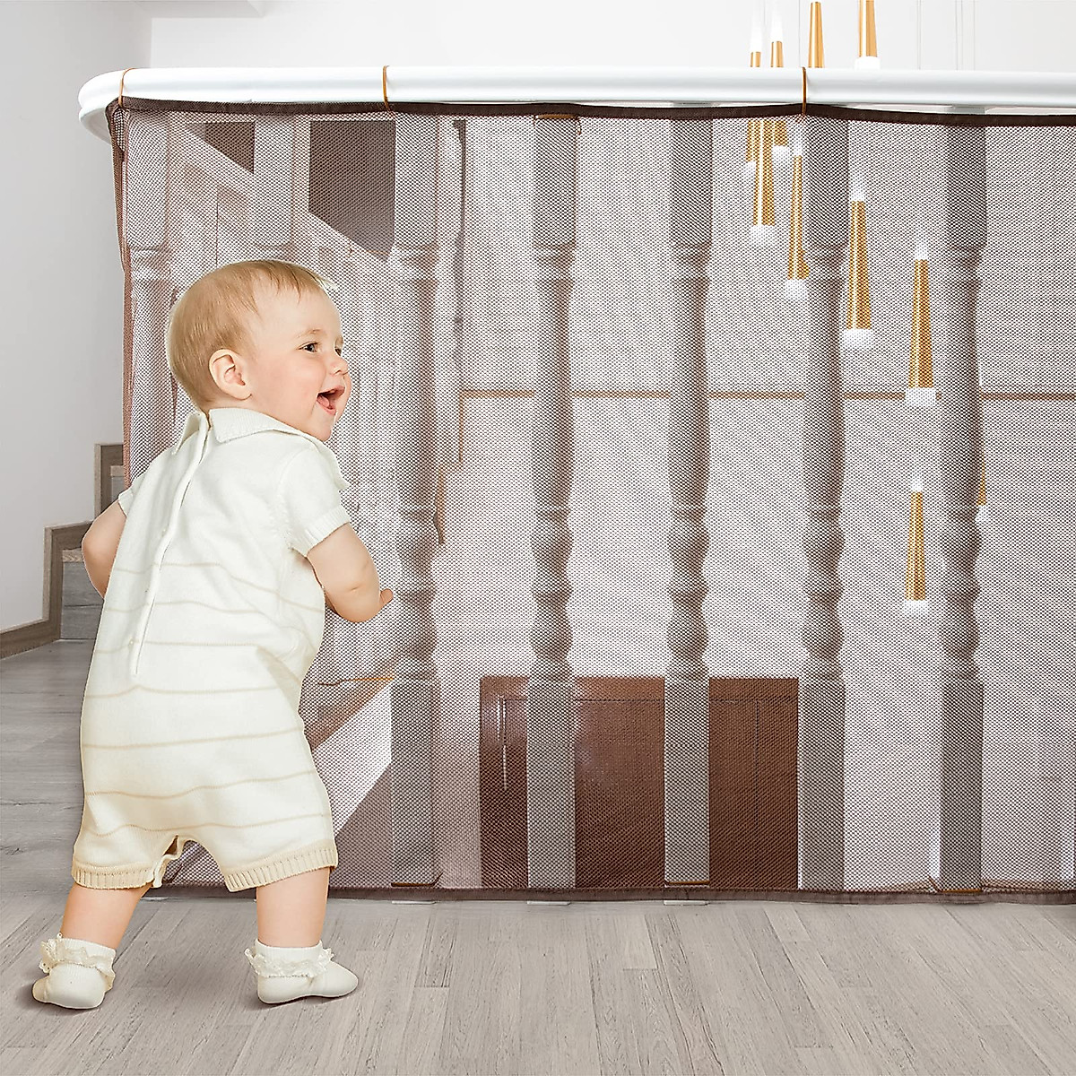 Banister Guard for Baby 10x3ft, Rail Mesh Netting for Stair, Balcony, Child Safety Net Safe Railing Barrier for Kids, Pets, Toys (10x3ft, Brown)