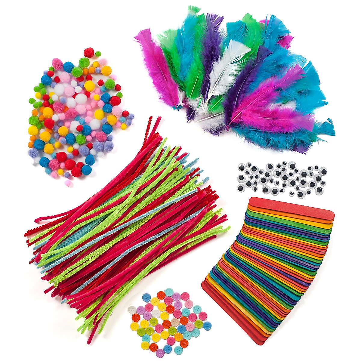 Crafts Supplies Mega Pack - Includes Feathers. Craft Buttons, Pom Poms, Colored Popsicle Sticks, Googly Eyes, and Chenille Stems