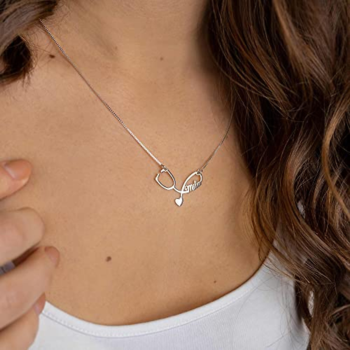 Stethoscope Necklace - Personalized Stethoscope Pendant With Name - Nurse Necklace - Doctor Necklace - Nurse & Doctor Graduation Gift (Sterling Silver)