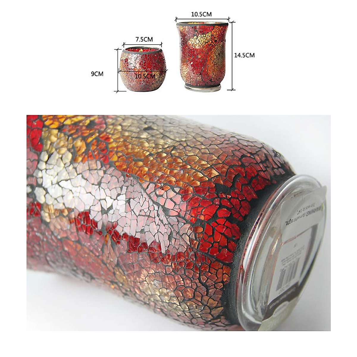 Two-piece Orange Red Mosaic Glass Tea Light Candle Holder Ball and Wind Lantern Shape Votive Candleholder Romantic Handmade Gifts Christmas Candlestick Holders Home Decor Wedding Party Table Decor