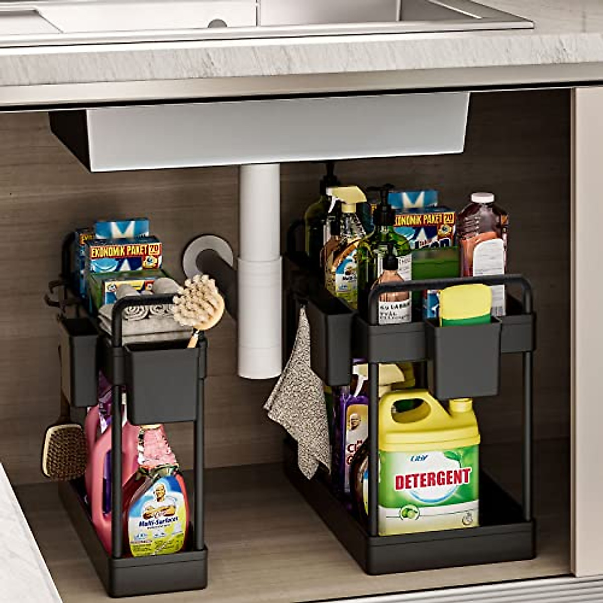 2 Pack Under Sink Organizer, 2 Tier Kitchen Under Sink Cabinet Organizers and Storage with Cups and Hooks, Black Bathroom Under Sink Shelf Organizer Basket, Multi-purpose Under Sink Storage