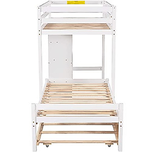 MOEO Twin Over Twin Bunk Bed with Trundle and Ladder for Kids, Adults, Wooden Bunkbed Frame w/Convertible Built-in Desk & Down Bed, Save Space, No Box Spring Required, White