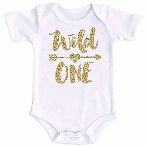 Olive Loves Apple Wild One Gold Glitter Girls 1st Birthday Bodysuit,Gold,6-12 months short sleeve