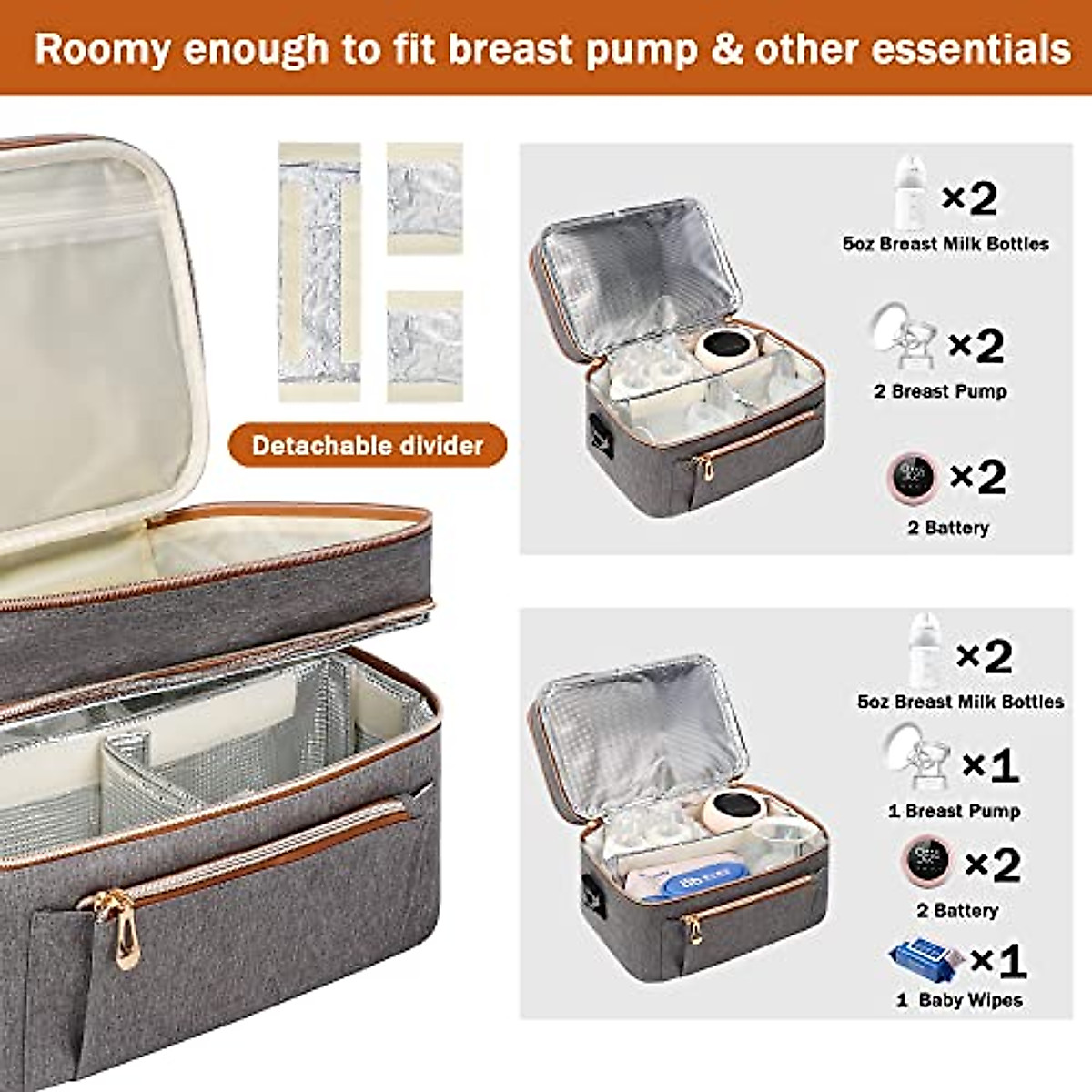 Partreko Wearable Breast Pump Bag with Insulated Pocket, Compatible with Most Breast Pumps for Medela, Elvie, Willow, Momcozy, 2 Layer Pump Bag with a Waterproof Mat & 3 Adjustable Dividers (Gray）