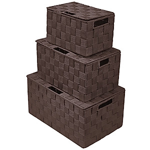 Sorbus Set of 3 Storage Baskets for Organizing with Lid, Mesh Hand-Woven Basket, Linen Closet Organizers and Storage, Organizer Storage Baskets for Shelves, Variety Pack Organizers and Storage