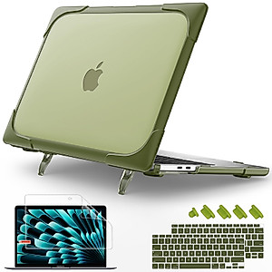May Chen Compatible with MacBook Air 13 Inch Case 2021 2020 2019 2018 Release M1 A2337 A2179 A1932,Heavy Duty Hard Case Cover with Fold Kickstand for MacBook 13 Inch with Retina fits Touch ID, Olive