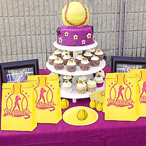 JOYMEMO 16 Pack Softball Party Treat Bags with Stickers, Fast Pitch Favor Goodie Gift Paper Bags for Girls Birthday Supplies