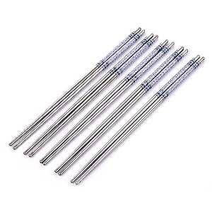 Madames Stainless Steel Chopsticks Kitchen Blue and White Porcelain Printed Chopsticks Reusable Flat Long Handle Chopstick for Home, Kitchen or Restaurant