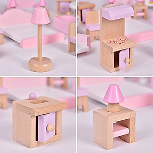FUN LITTLE TOYS 4 Set Wooden Doll House Furniture, 22 PCs Dollhouse Accessories, Pink Wooden Toys